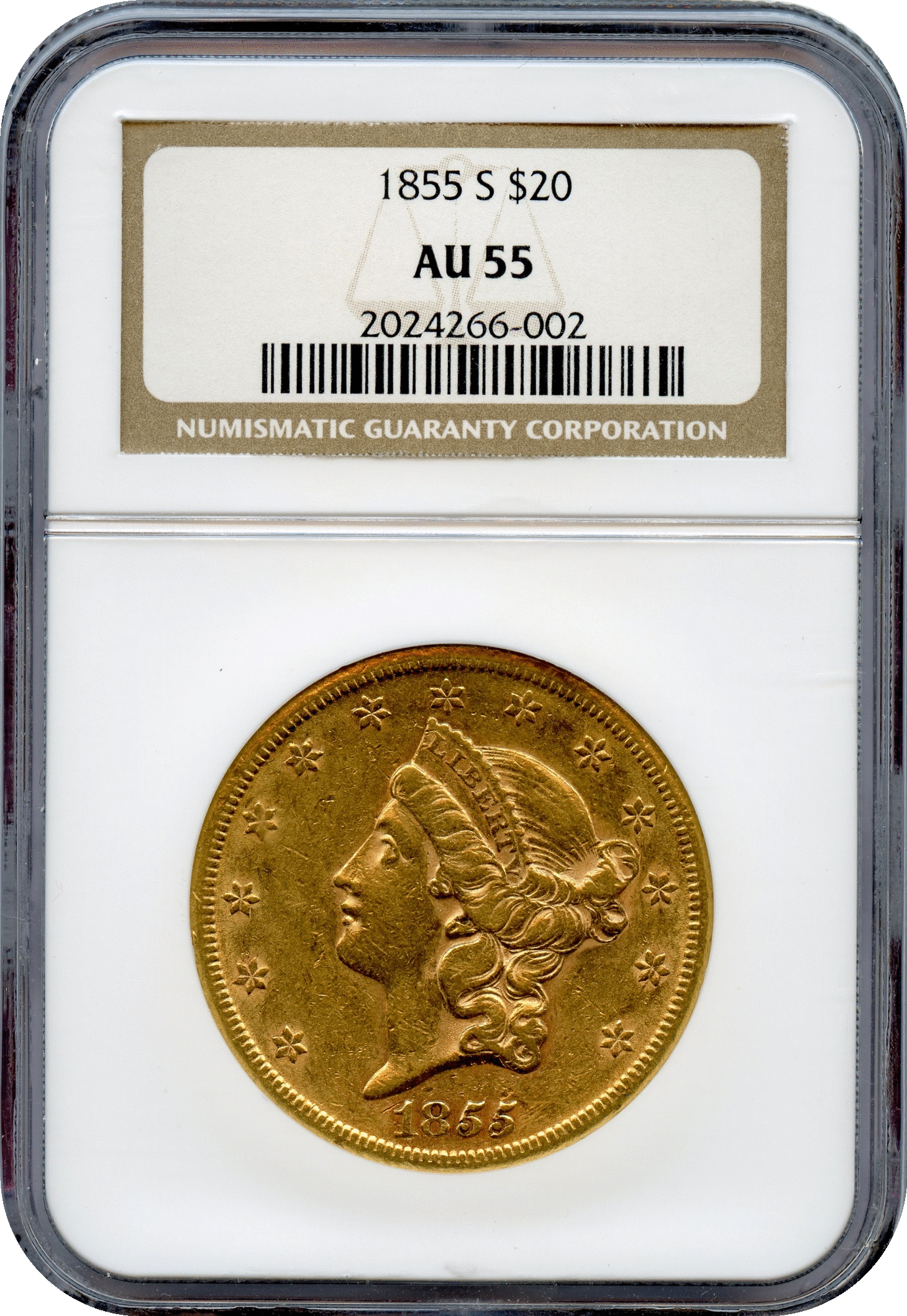 (72) 1855-S $20.00 Gold Liberty NGC AU55 – First Class Coins
