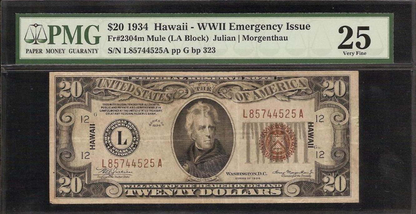 1934 MULE $20 DOLLAR BILL WWII HAWAII BROWN SEAL NOTE CURRENCY Fr 2304 ...
